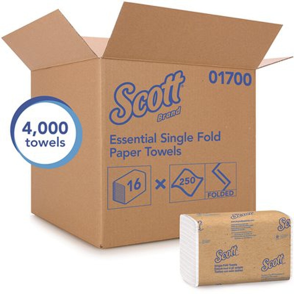 Scott Single Fold Paper Towels White, 16 Packs of 250